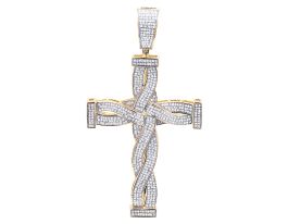 Three Row Twirl 1.30 CT Diamond Cross Pendant 10K Yellow-White Gold 3.15"